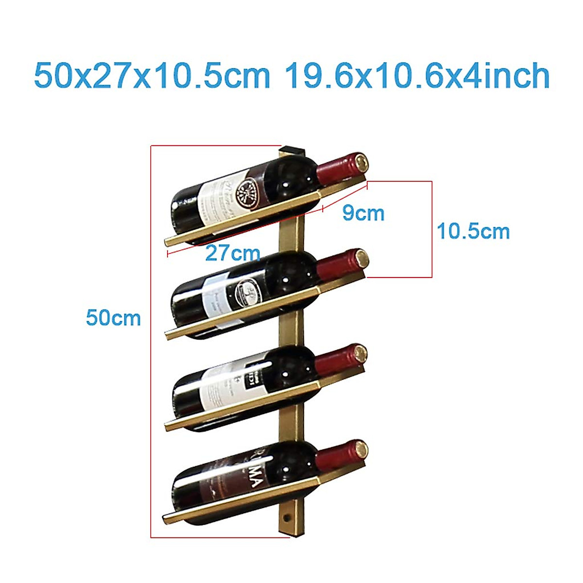 Metal Wall Wine Rack, Wall-Mounted Wine Rack with Bottle & Glass Holder,Metal Hanging Wine Holder,Floating Bottle Storage Rack,Stemware Racks Organizer, Gold, 4 Bottles
