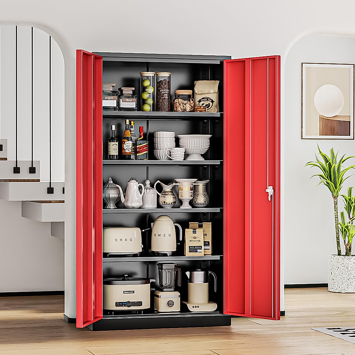 INTERGREAT Metal Storage Cabinet, 72" Tall Locking Storage Cabinet with 2 Doors and 4 Adjustable Shelves, Steel Tool Locking Cabinet for Home Office, Warehouse, School (Black Red)