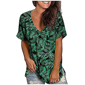 Caimill shop Womens Tops Summer Women's V Neck Short Sleeve Graphic T Shirts Drop Tail Hem Relaxed Fit Tees Blouses Tunic Green