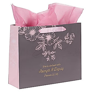Christian Art Gifts Decorative Large Faith-based Landscape Gift Bag w/Scripture & Card & Tissue Paper Set for Women - Strength & Dignity - Proverbs 31:25 Inspirational Bible Verse, Gray & Pink Floral