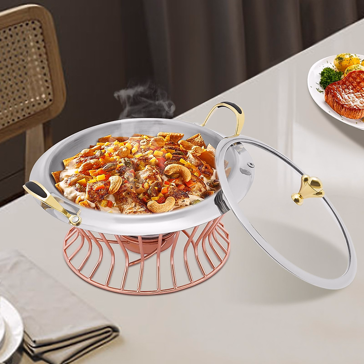 Gagalayong Chafing Dish Buffet, Round Stainless Steel Chafer for Catering, Upgraded Chafers and Buffet Warmer Sets with Food & Water Pan, Lid, Frame, Fuel Holder for Event Party Holiday （Red Copper)