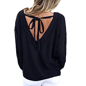 OUGES Womens Tie Back Knit Tops V Neck Long Sleeve Casual Sweater Pullover（Navy,M）