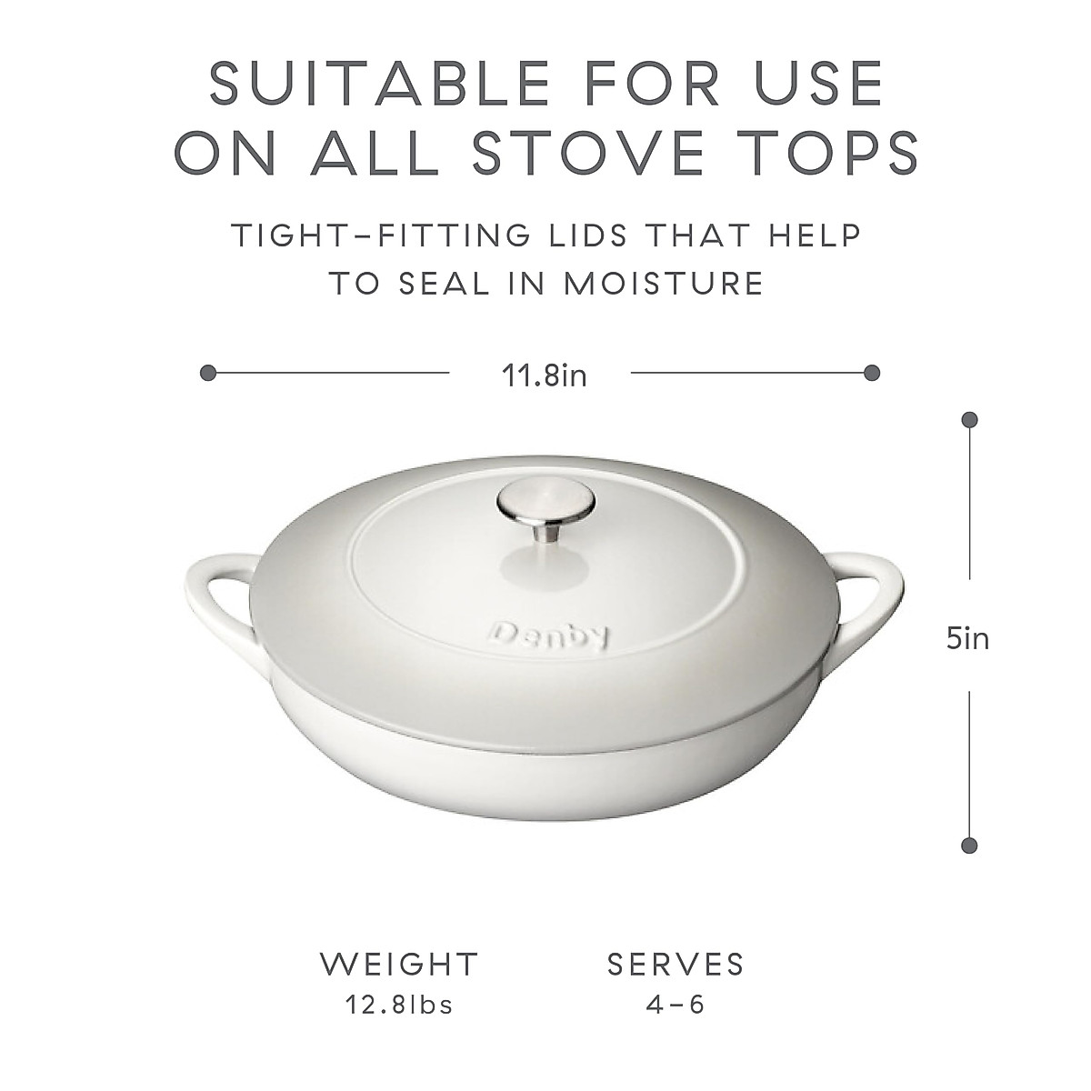 Denby - Natural Canvas White Cast Iron Casserole Dish Shallow - Dutch Oven, Oven Safe Pot, Enamelled - 3.8L Capacity, 11.8in - Serves 4-6 People