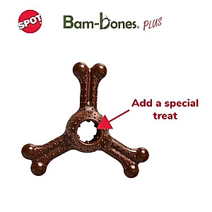 SPOT Bam-Bones Plus Triple Chew - Bamboo Fiber & Nylon, Durable Long Lasting Dog Toy for Aggressive Chewers – Great for Adult Dogs & Teething Puppies Under 90lbs, Non-Splintering, 7in, Bison Flavor