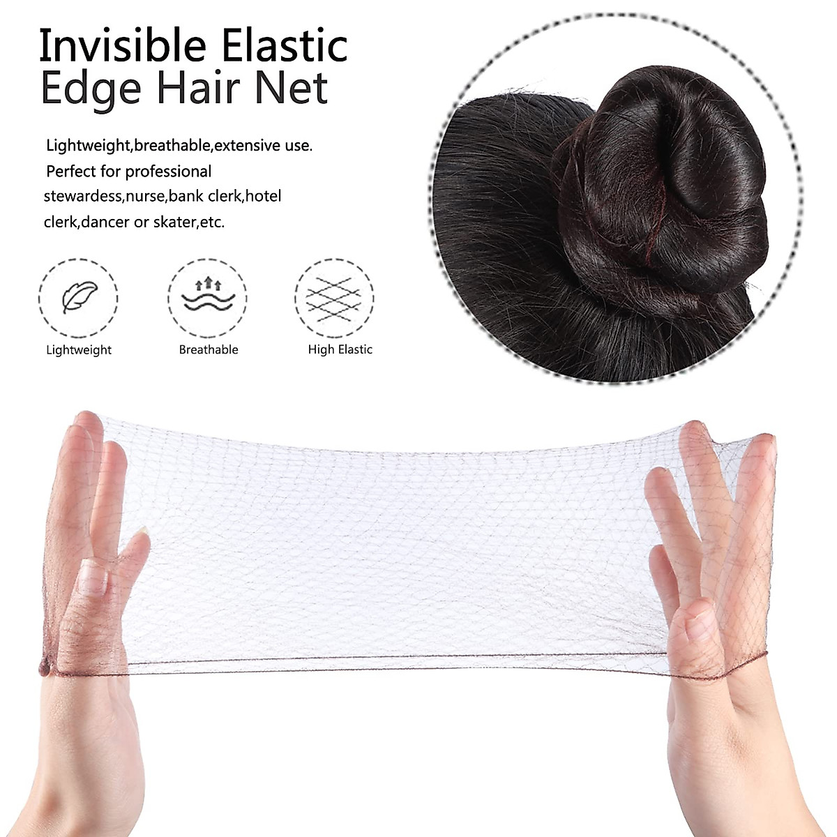 Zonon Bun Hair Nets 50Pcs, Invisible Elastic Edge Mesh, Individual Package, Brown & U Shaped Pins 40Pcs for Ballet Bun, Sleeping, Women and Wig