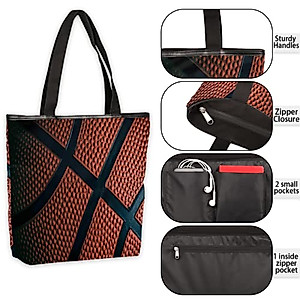 Basketball Ball Print Women's Canvas Tote Bag, Basketball Texture Shoulder Handbag Bags with Zip Large Beach Bag for School Shopping Business Work Travel