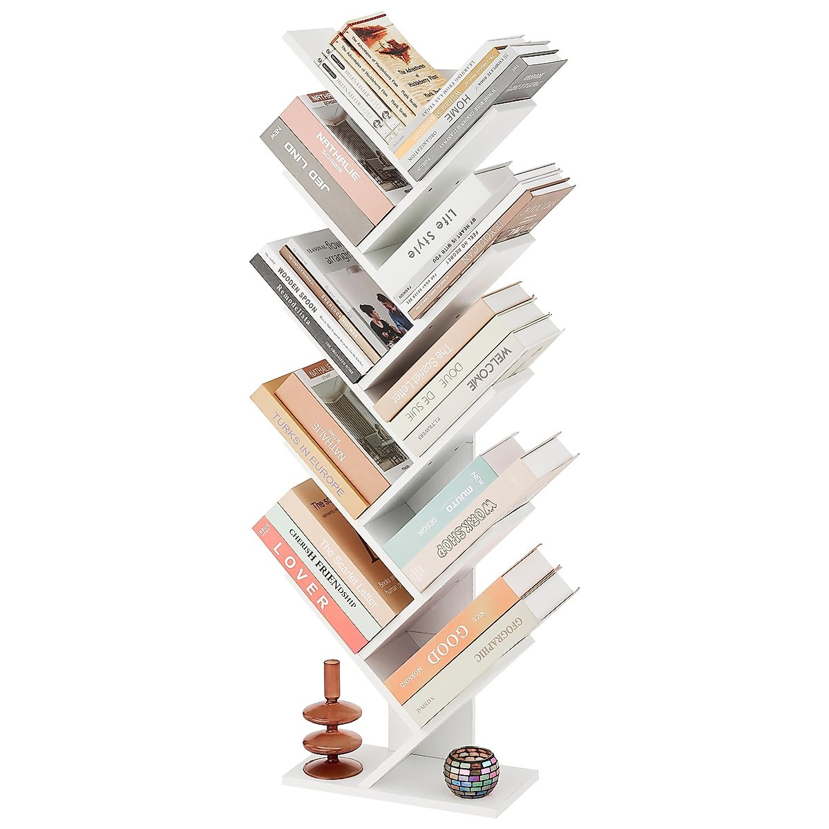 Hoctieon 10 Tier Tree Bookshelf, 10 Shelf Bookcase, Free Standing Tree Bookcase, Display Floor Standing Shelf for Books, Book Shelf Organizer, White