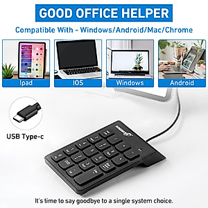 Huifen Type C Number Pad, USB Numeric Keypad 19 Keys Plug & Play Financial Accounting Numpad Office Home Portable Mini Keypad Slim Number Keyboard for Laptop Phone PC Tablet Notebook (Black)