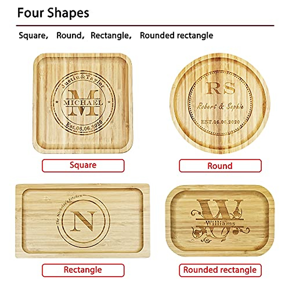 Mojia Personalized Bamboo Serving Trays and Platters, Custom Engraved Decorative Food Platters, Drinks Serving Trays (Rounded Rectangle)