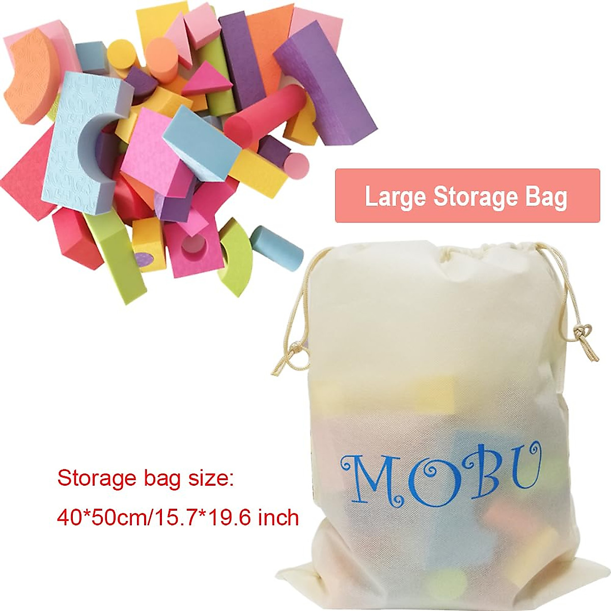 MOBU Foam Building Blocks for Toddlers 1-3, 50 PCS Educational Soft Building Blocks for Kids Playing Indoor Outdoor Bathroom Bathtub or Beach (Reusable Storage Bag)