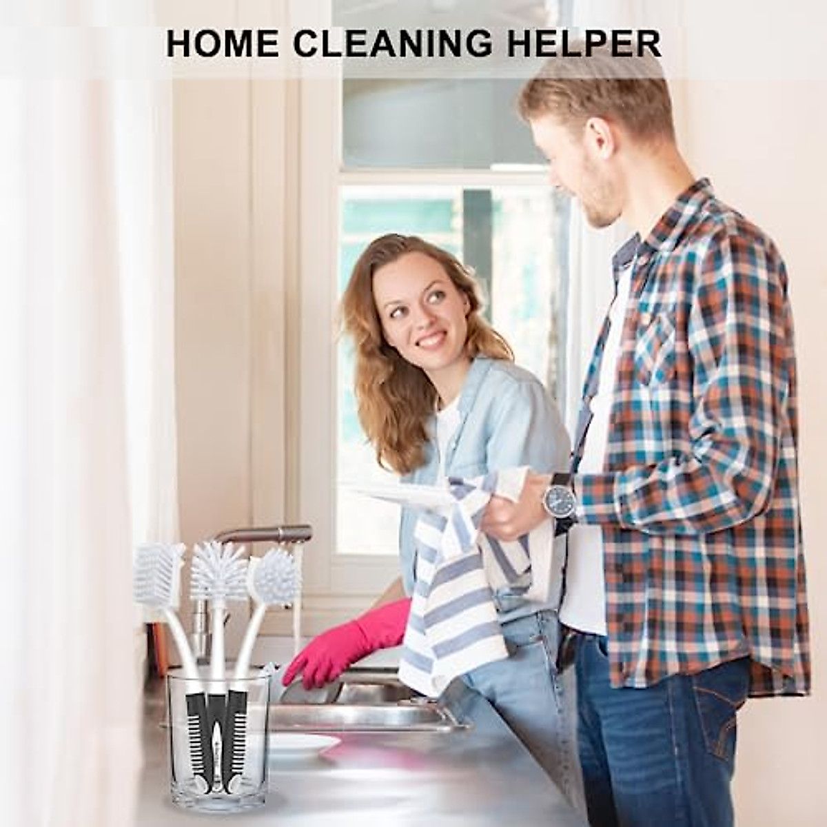 SetSail Dish Brush Set of 3 with Bottle Brush, Dish Scrub Brush with Long Handle Deep Cleaning Handle Brush with Scraper Tip for Kitchen Sink Dishes Bottle Cup Pot and Pans Tile Lines, Black