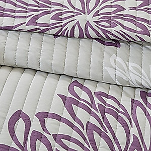 Comfort Spaces Enya Quilt Set - Casual Floral Print Channel Stitching Design, All Season, Lightweight Coverlet, Cozy Bedding, Matching Shams, Decorative Pillows, Full/Queen(90"x90"), Purple 3 Piece