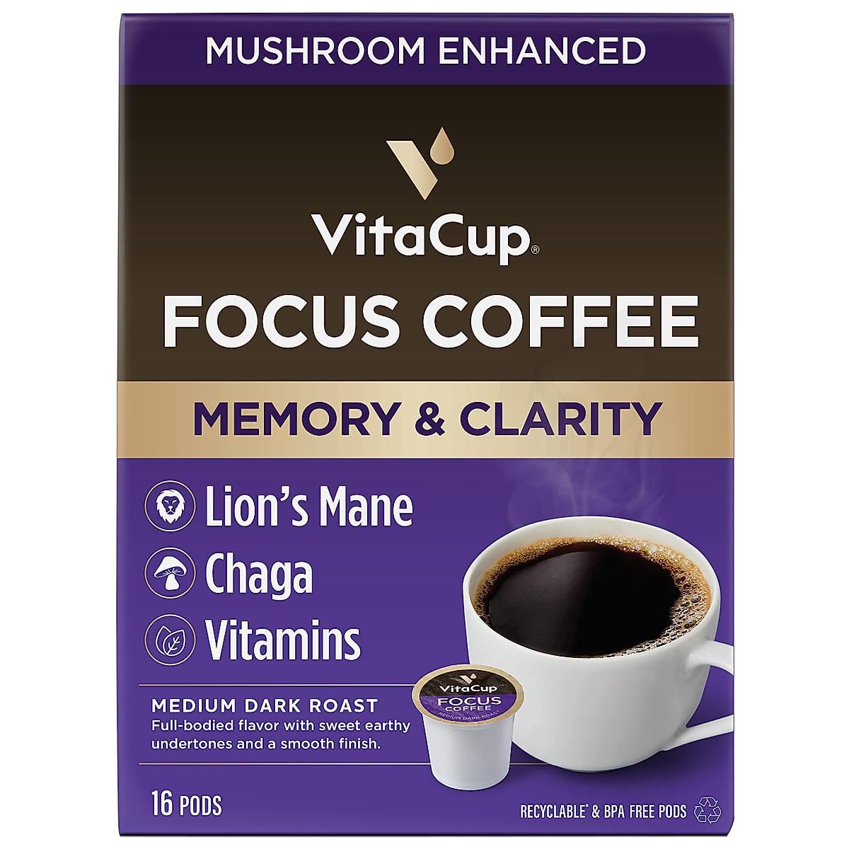 VitaCup Lightning Coffee Pods, Enhance Memory & Focus w/ 2X Caffeine,16CT | Focus Mushroom Coffee Pods, Boost Focus & Immunity w/Lions Mane, Chaga, B Vitamins, D3 16CT