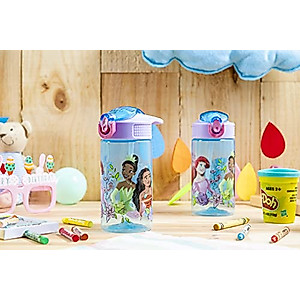 Zak Designs Kids Durable Plastic Spout Cover and Built-in Carrying Loop, Leak-Proof Water Design for Travel, (16oz, 2pc Set), Disney Princess