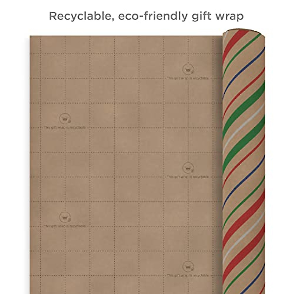 Hallmark Recyclable Christmas Wrapping Paper for Kids with Cut Lines on Reverse (4 Rolls: 88 sq. ft. ttl) Kraft Brown with Christmas Lights, Deer, Snowflakes, Red, Green, Blue Stripes