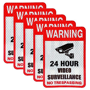 5-Pack Video Surveillance Sign Stickers, Self-Adhesive Vinyl Decal Camera Alarm System Stickers, 24 Hour Security Warning Signs, Reflective Private Property No Trespassing Sign, Indoor & Outdoor Use.