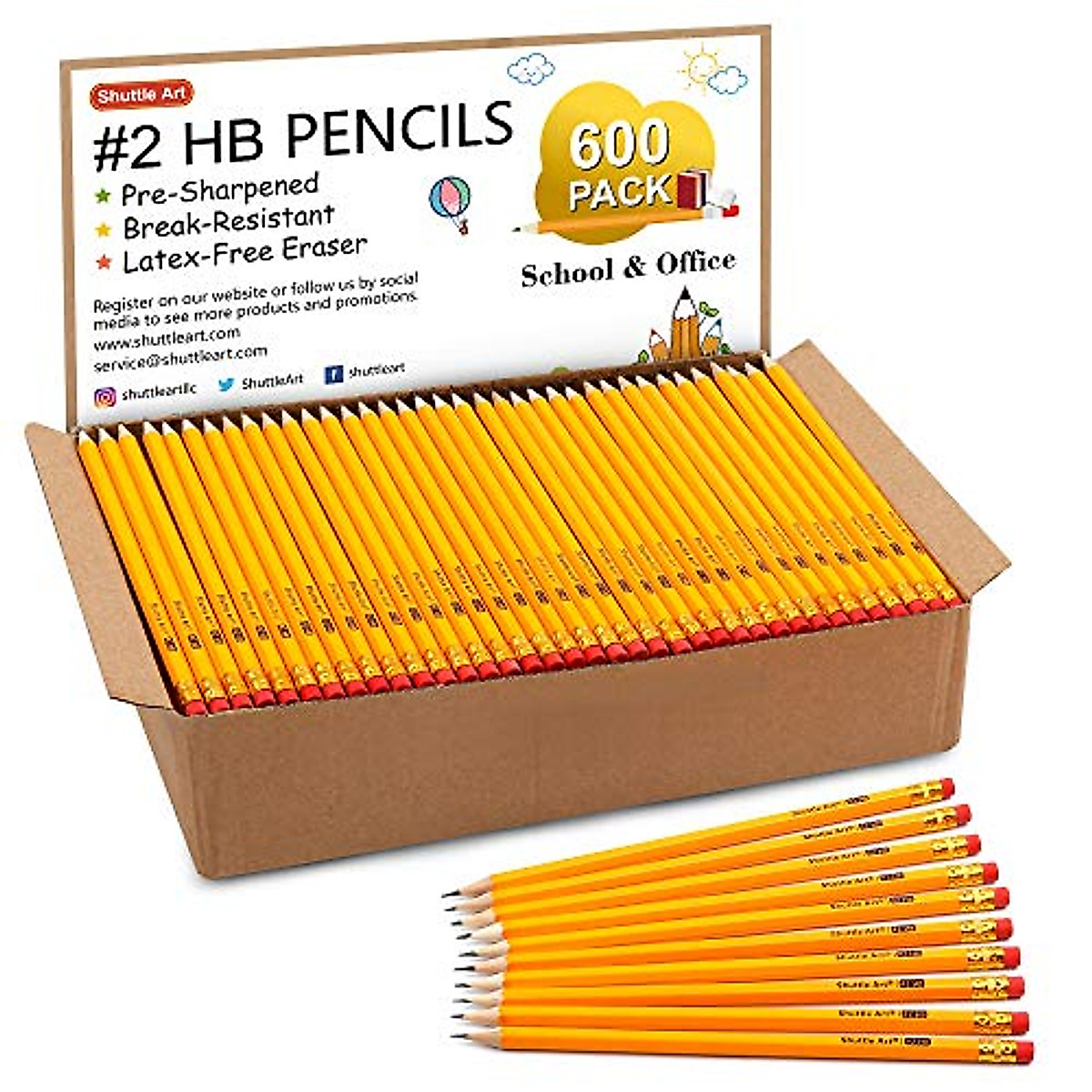 Shuttle Art Wood-Cased #2 HB Pencils, 600 Pack Sharpened Yellow Pencils with Erasers, Bulk Pack Graphite Pencils for School and Teacher Supplies, Writhing, Drawing and Sketching