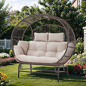 LUMIINOFAMI Outdoor Glider Egg Chair, Oversized 2 Person Egg Rocking Chair with Thick Cushions, Wicker Egg Chair Rattan Porch Furniture Loveseat Lounge Chair for Bedroom Sunroom Backyard(Brown)