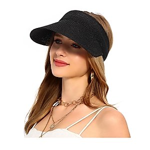 LA CARRIE Wide Brim Straw Visor for Women Sun Hat UV Protection Packable Beach Cap for Summer UPF 50+(Black)