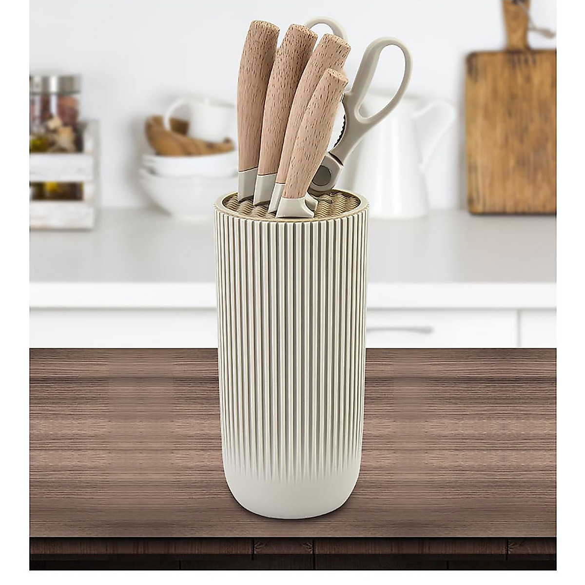 Kitchen Knife Set, 6-Pieces Luxury Wooden Coating Knife Set, Light Wood Grain Handle, Stainless Steel Non-Stick Sharp Blade Chef Knife Set with Cylindrical Knife Block for Gift