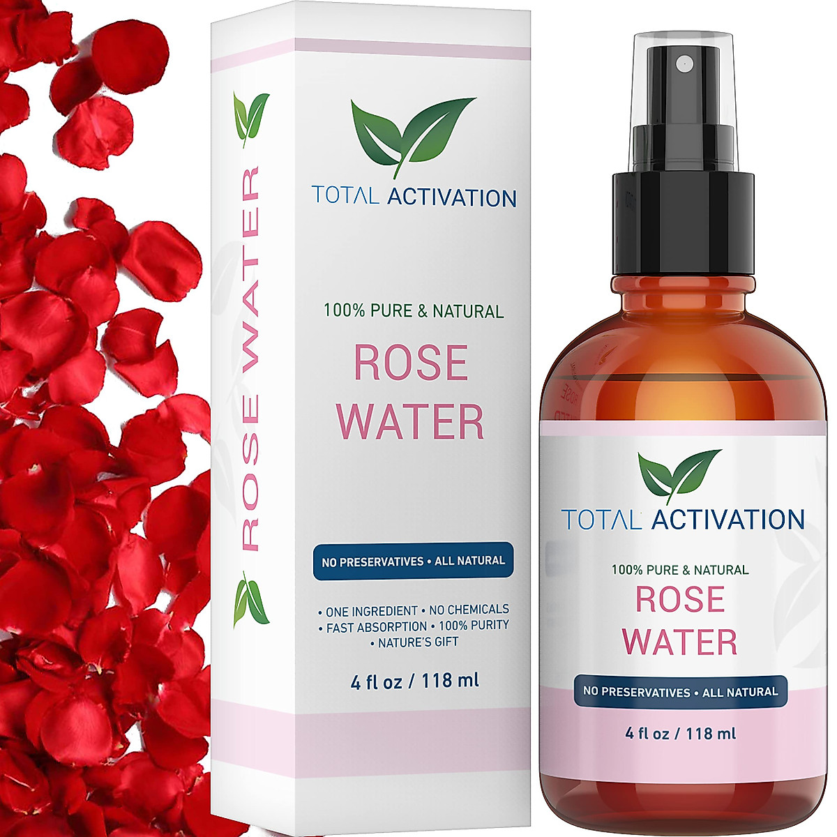 Large 4 oz 100% Pure, Organic Moroccan Rose Water Spray Face Toner, Skin Body Hair Spray, Eye Makeup Remover Alcohol Free Toner Minimizes Scar Hydrating Soothing Mist for Dry Oily Combination Skin