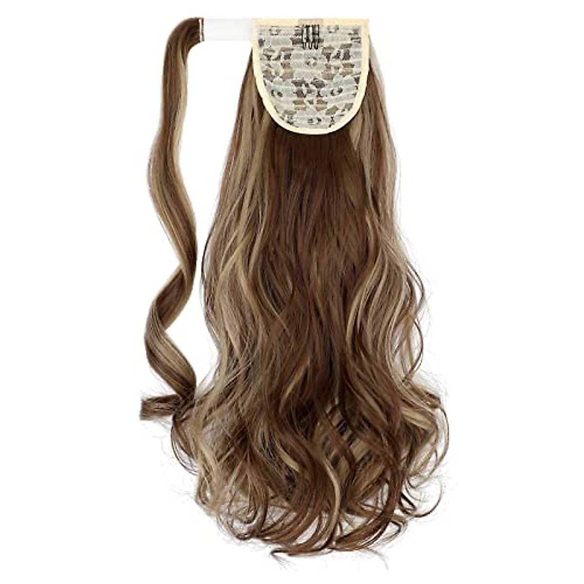 FELENDY 18" 20" 22" 24" Ponytail Extension Curly Wavy Straight Drawstring Hairpiece Wrap Around Long Synthetic Hair for Women(Ash Blonde Mix Light Brown)
