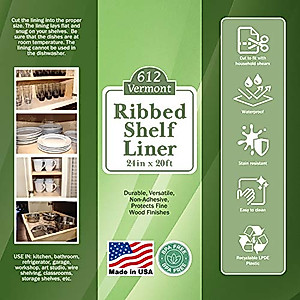 612 Vermont 24" x 20' Clear Ribbed, Waterproof, Non-Adhesive Plastic Shelf Liner for Use in Kitchen Cabinets, Pantry, Wire Shelves, Under Sink, Refrigerators and More.