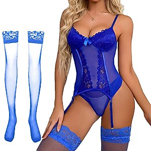 Amasslove Lingerie for Women Lace Bodysuit Sexy One-Piece Teddy Nightie with Garter Belt Lace Bra and Panty Sets(Free Stockings) (Blue, L)