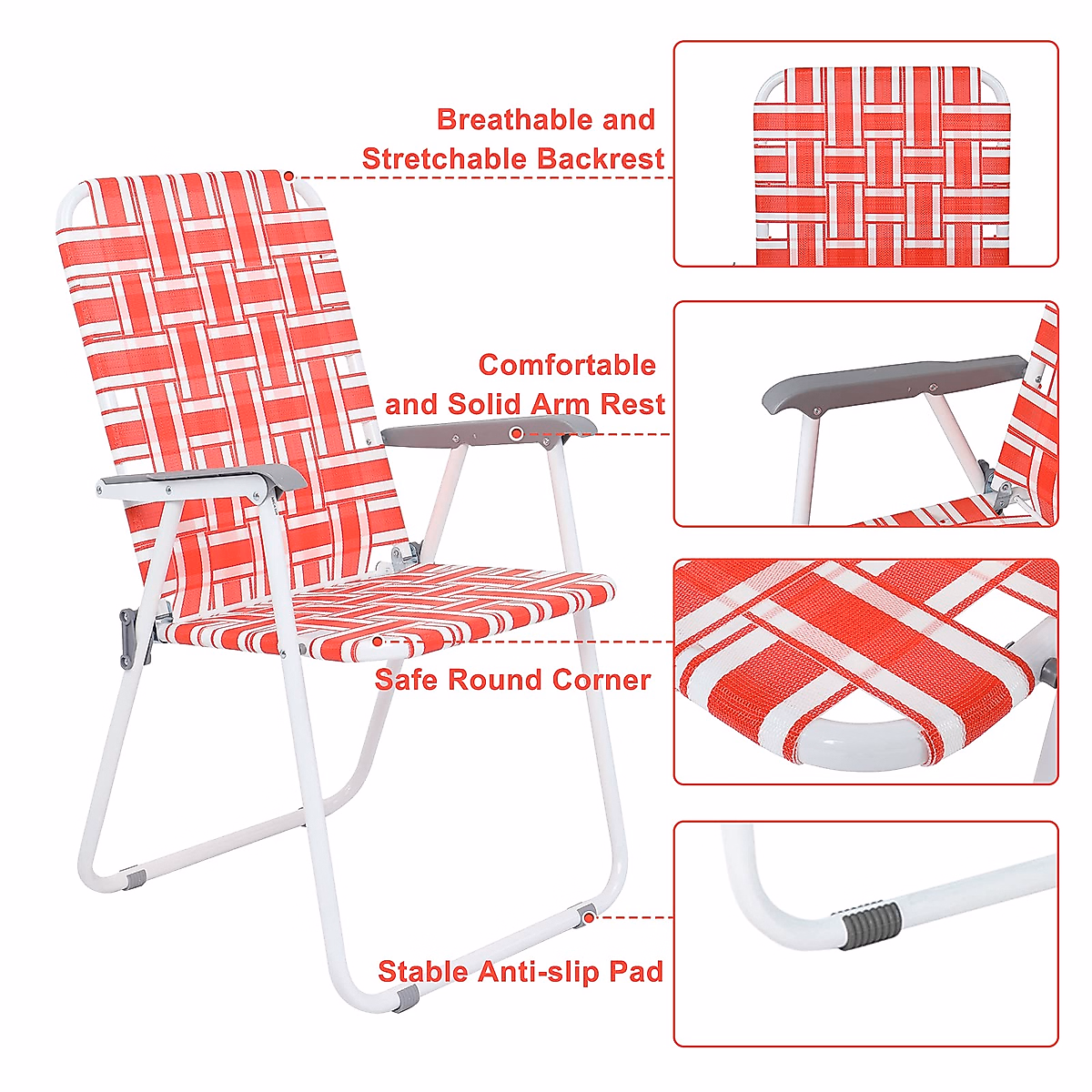 VINGLI Patio Lawn Webbed Folding Chairs Set of 2, Outdoor Beach Portable Camping Chair for Yard, Garden Dining (Red, Classic)