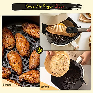 KuraMart Air Fryer Disposable Paper Liners 6.3" 100PCS Round Nonstick Parchment Liner Oil Resistant & Waterproof Cooking Bake Filter with 100 PCS Disposable Gloves for Air Fryer, Microwave, Steamer
