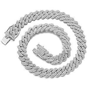 JUNVirtuous Cuban Link Chain Mens Iced Out Miami Cuban Necklace Silver/Gold Bling Diamond Hip Hop Jewelry for Women (16 inch Silver Necklace)