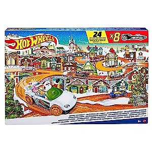 Hot Wheels Toy Car Set, 2023 Advent Calendar with 8 Cars in 1:64 Scale, 16 Accessories & Playmat, Gift for Kids