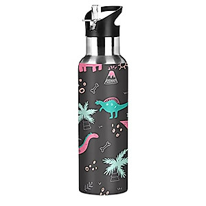 OREZI Vector Childish Dinosaurs Water Bottle Thermos with Straw Lid for Boys Girls,600 ml,Leakproof Stainless-Steel Sports Bottle for Women Men Teenage