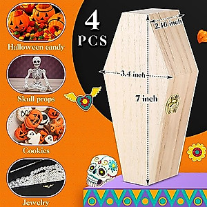 Thyle 4 Pack Unfinished Halloween Coffin Boxes Wood Coffin Shaped Boxes with Hinged Lids for DIY Crafts Wooden Coffin Boxes for Treats Favors Decoration Jewelry Casket Coffin (Black Burlywood,7 Inch)