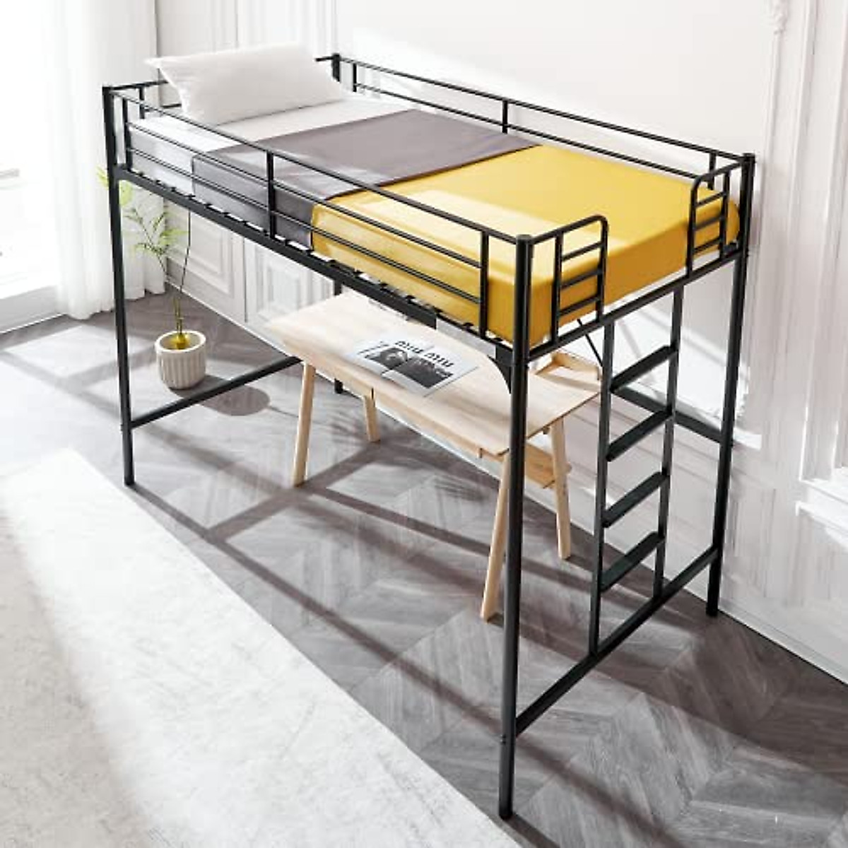Bonnlo Metal Loft Bed with Stairs and Flat Rung, Junior Loft Bed Twin Size High Loft Bed for Kids/Teens/Adults, No Box Spring Required, Black