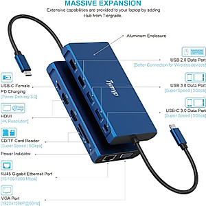 USB C Docking Station, Tymyp 12 in 1 Triple Display USB C Hub Adapter with Dual 4K HDMI & VGA, 2 x USB 3.0 & 2.0, USB-C 3.0, Gigabit Ethernet LAN, Type C PD, SD/TF Card Reader
