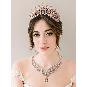 SWEETV Rose Gold Wedding Crown for Bride, 3-pack Tiara Earrings Necklace, Queen Crown Jewelry Set, Crystal Costume Party Birthday Prom Pageant Jewelry for Women,Genesis