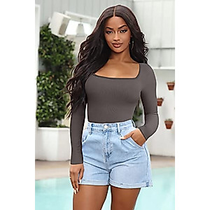 OQQ Women's 2 Piece Sexy Ribbed One Square Neck Long Sleeve BodySuit, Tea Leaf Beige, Small