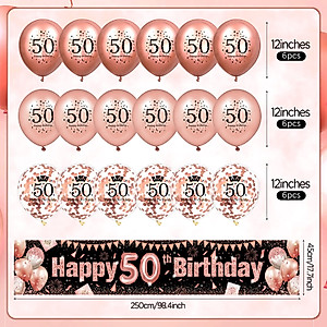 50th Birthday Decorations for Women Rose Gold and Black 50th Birthday Yard Banner and 18 PCS 50th Birthday Balloons for 50th Anniversary Birthday Party Party Supplies Indoor Outdoor Yard Decor