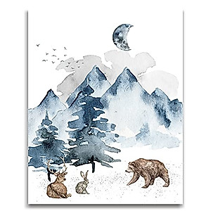 Woodland Animals Children’s Wall Decor, Rustic Mountain Tree Forest Landscape Wall Art for Kids, Watercolor Nature Baby Nursery Decor for Boys or Girls Bedroom, Blue Gray Black, Unframed 11X14 Print.