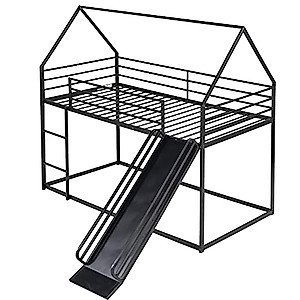 Tidyard Twin Over Twin House Bunk Bed with Ladder and Slide,Black for Bedroom Dorm Guest Room Home Furniture