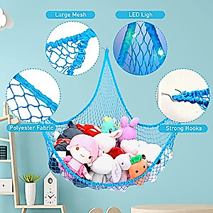 Corner Stuffed Toy Hammock with LED Light, Corner Plush Toy Net Holder, Stuffed Animals Hanging Storage Net, Hanging Toy Net Hammock for Nursery Play Room Bedroom(Blue)
