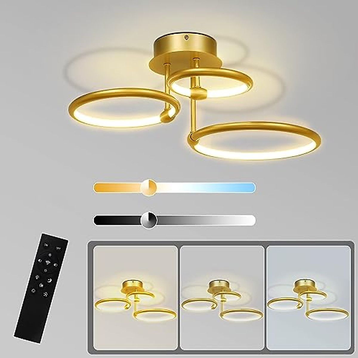 Cresmar 25W LED Ceiling Light with Remote Stepless Dimmable 3000-6000K，Modern Flush Mount Ceiling Lighting Fixture Memory Function 3 Rings Round Chandelier Ceiling Lamp for Bedroom, Living Room…