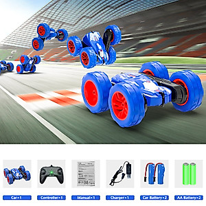 STEMTRON Remote Control Car 2.4GHz RC Stunt Car Double Sided Running Fast RC Car 360°Rotating Vehicles 180°Flips RC Crawler with Bright Headlights Toy Gift for Boys and Girls (Blue)
