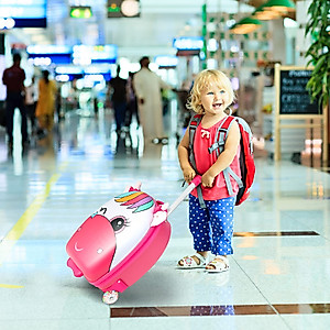 Goplus Kids Luggage, 16’’ Carry on Suitcase with LED Wheels, Waterproof Hard Shell, Lightweight Rolling Luggage for Travel, Birthday Christmas Gifts for Toddlers, Children, Boys, Girls (Pink)