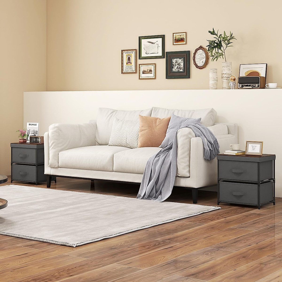 GOFLAME Fabric Dresser with 2 Drawers, Nightstand for Bedroom, Bedside Table with Removable Fabric Bins & Handles, Sofa Side Table, End Table for Living Room, Entryway, Grey & Rustic Brown