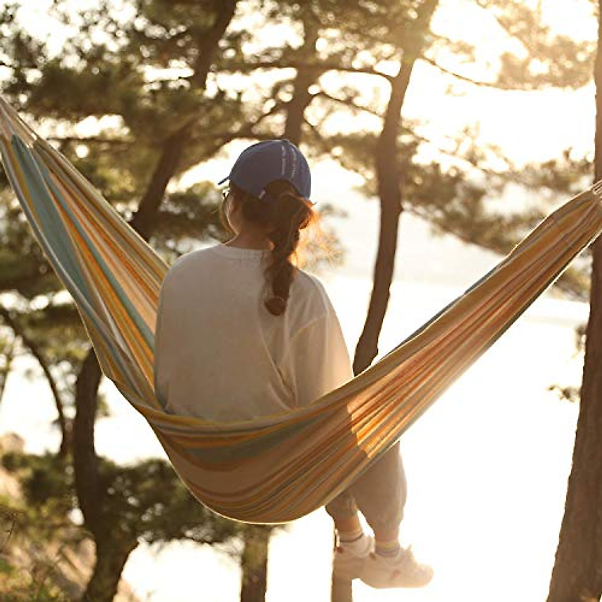 Brazilian Hammock Indoor Hammock Extra Large Canvas Hammock with Carry Bag for Patio Porch Garden Backyard Lounging Outdoor and Indoor Yellow Stripes