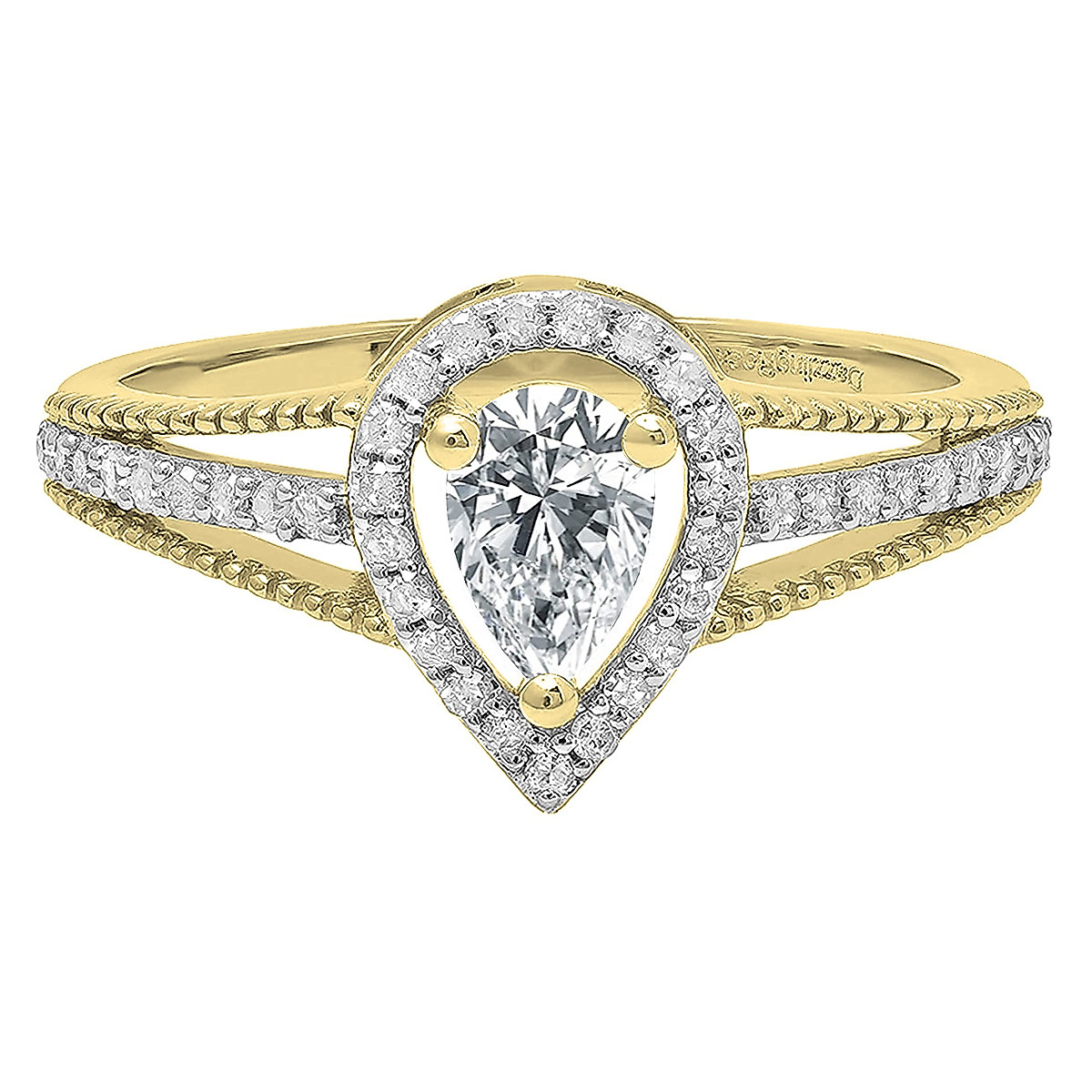 Dazzlingrock Collection 18K 6X4 MM Pear Lab Created White Sapphire & Round Diamond Bridal Halo Ring, Yellow Gold, Size 7.5