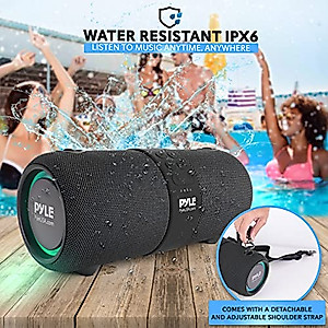 PyleUsa Wireless Portable Bluetooth Boombox Speaker - 2Ch Waterproof Rechargeable Fabric Stereo Speaker w/Google Assistant/Siri Voice Control, TWS Function, USB FM Radio, RGB Lights -PSBWP9BK (Black)
