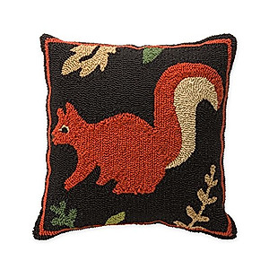Plow & Hearth Indoor Outdoor Woodland Hooked Decorative Throw Pillow with Squirrel - 17.75 L x 17.75 W x 4.5 H